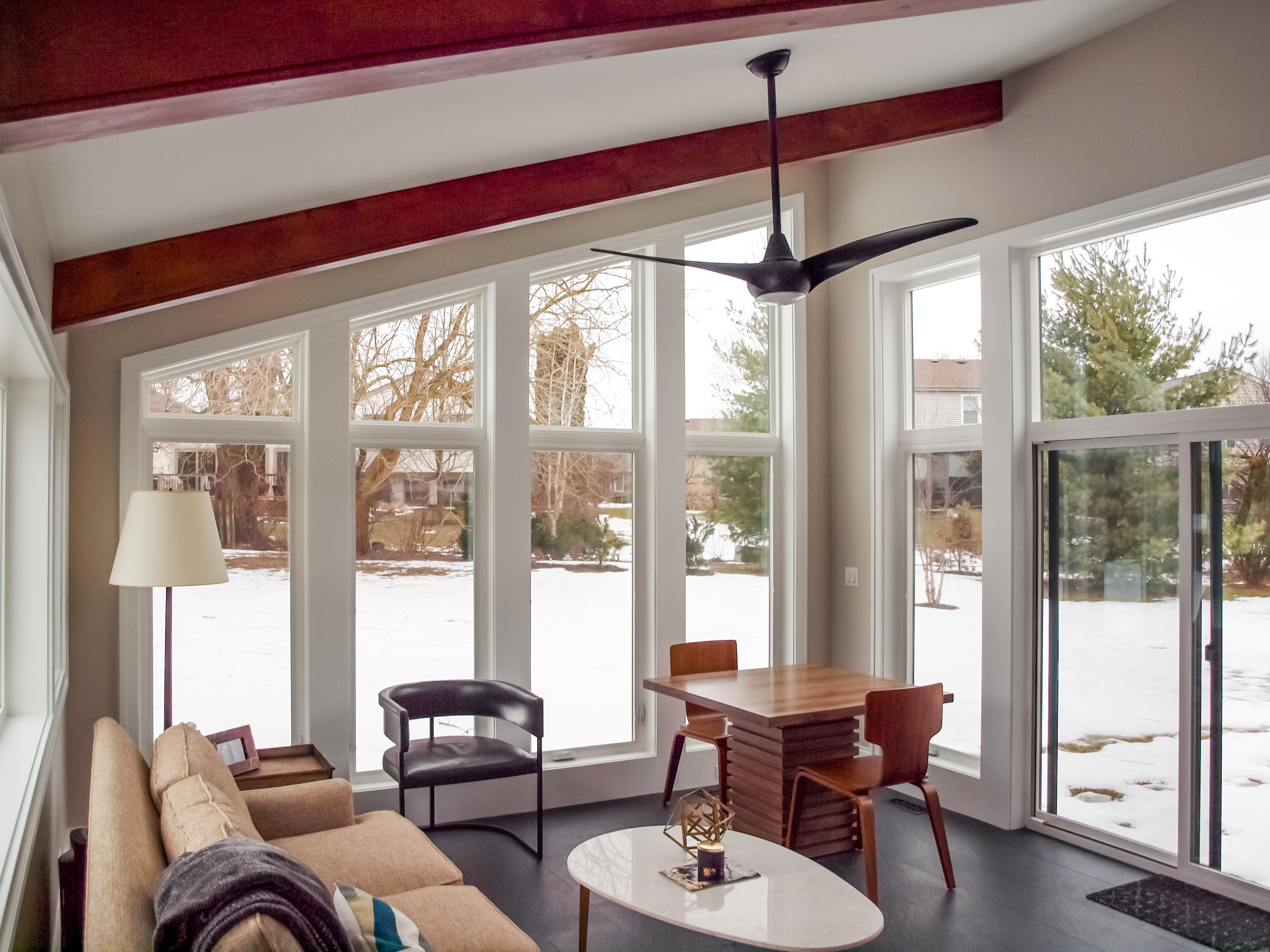 angled transom windows in a sunroom