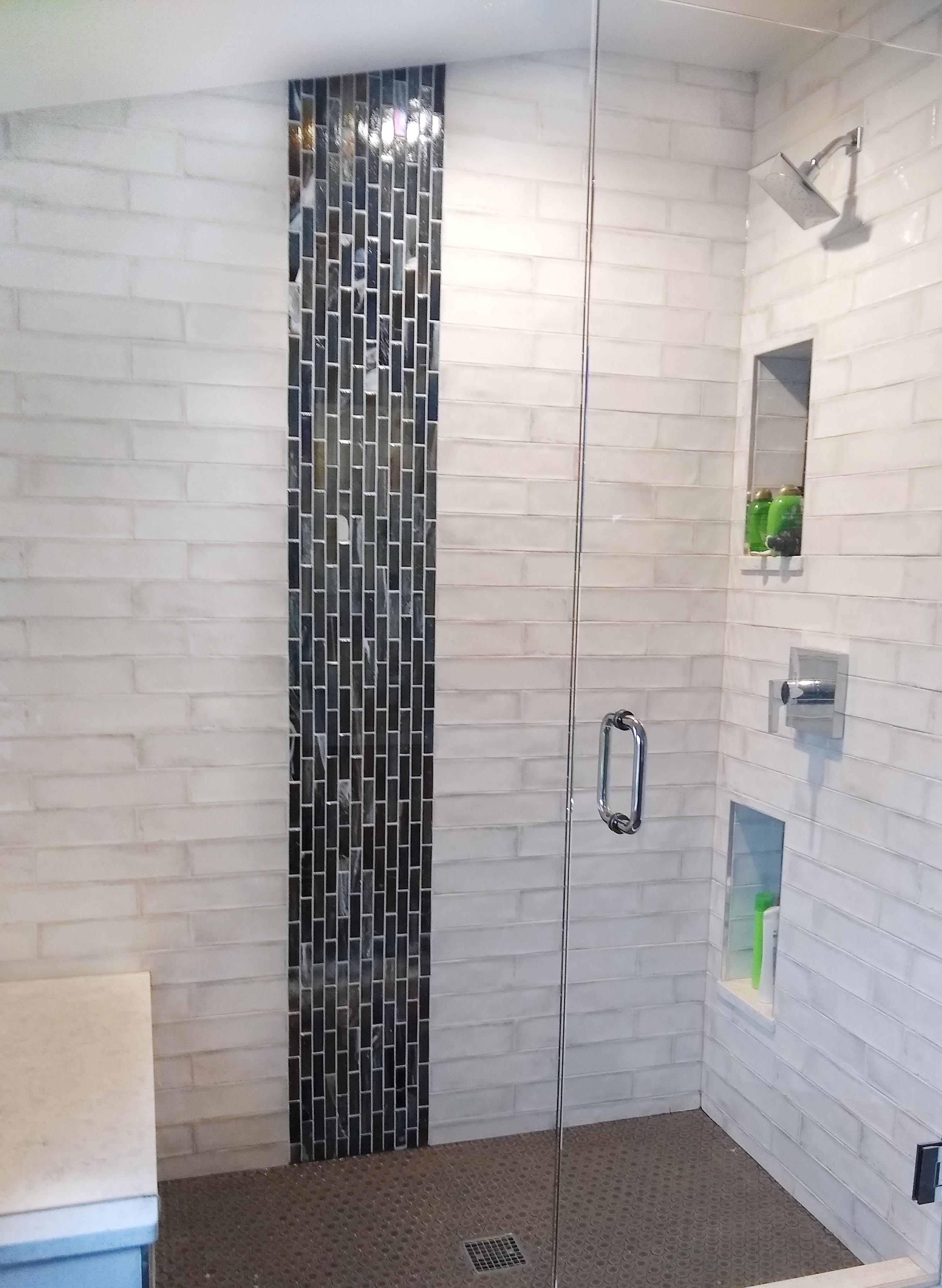 Vertical Glass Tile Accent Corner Shower Bench Bathroom Feature Wall Vertical Glass Tile Accent Corner Shower Bench Bathroom Feature Wall